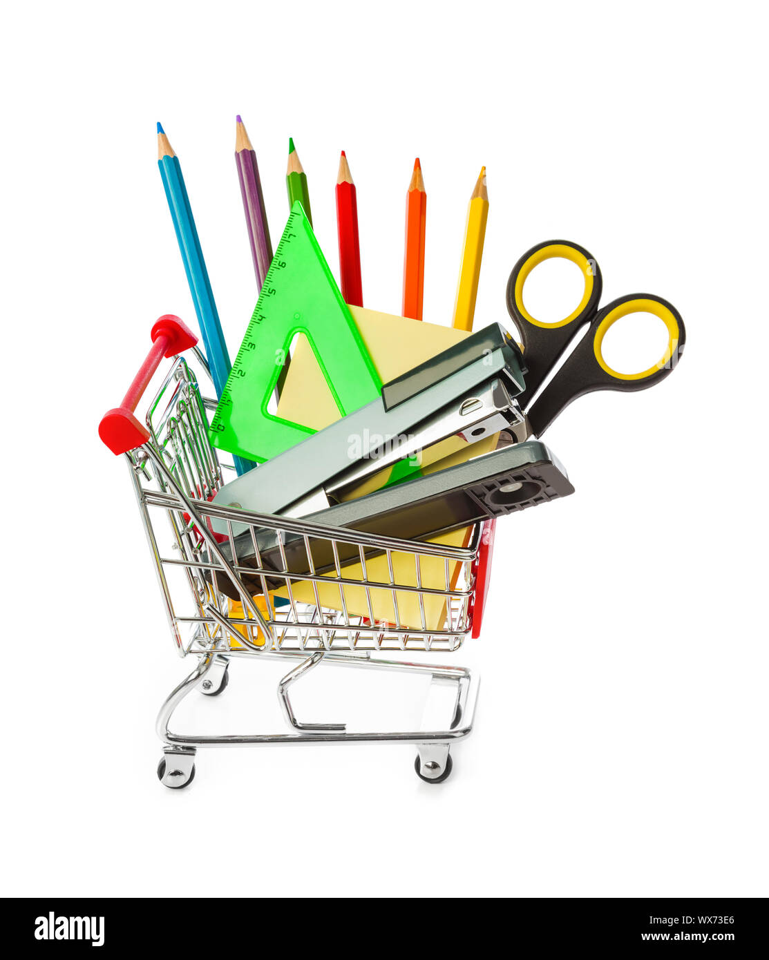 Stationery in shopping cart Stock Photo - Alamy