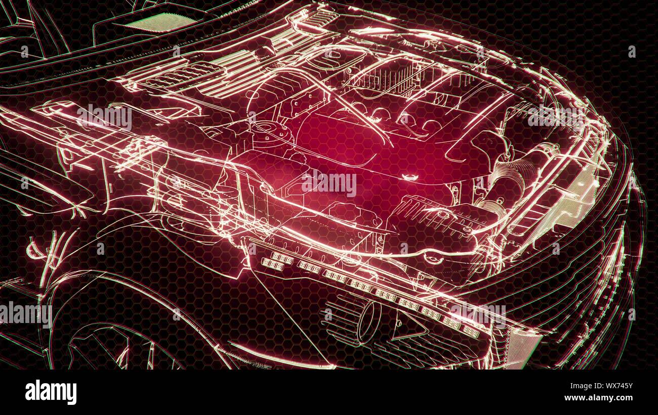 Holographic animation of 3D wireframe car model with engine Stock Photo ...