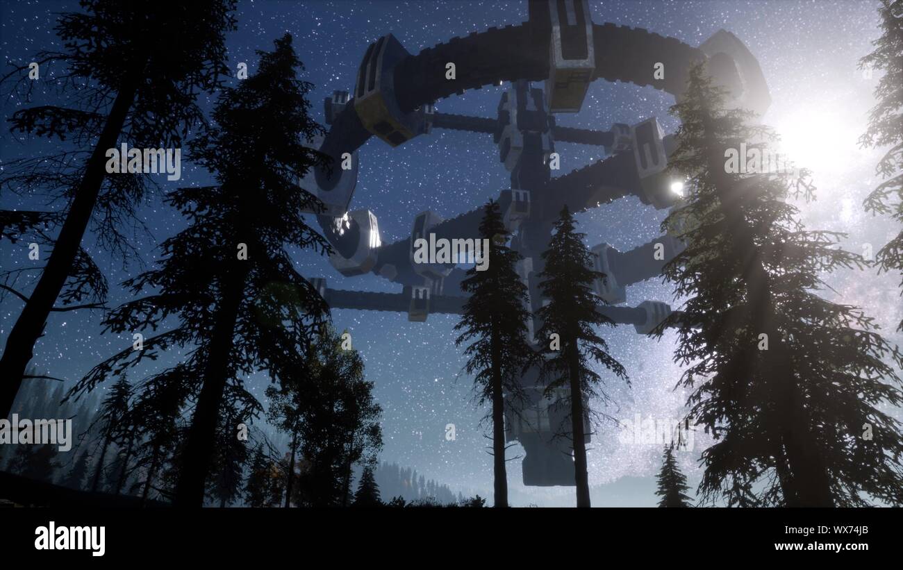 UFO hovering over a forest at night Stock Photo - Alamy