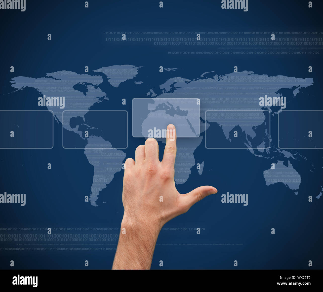 Hand selecting box from digital menu on world map interface Stock Photo ...