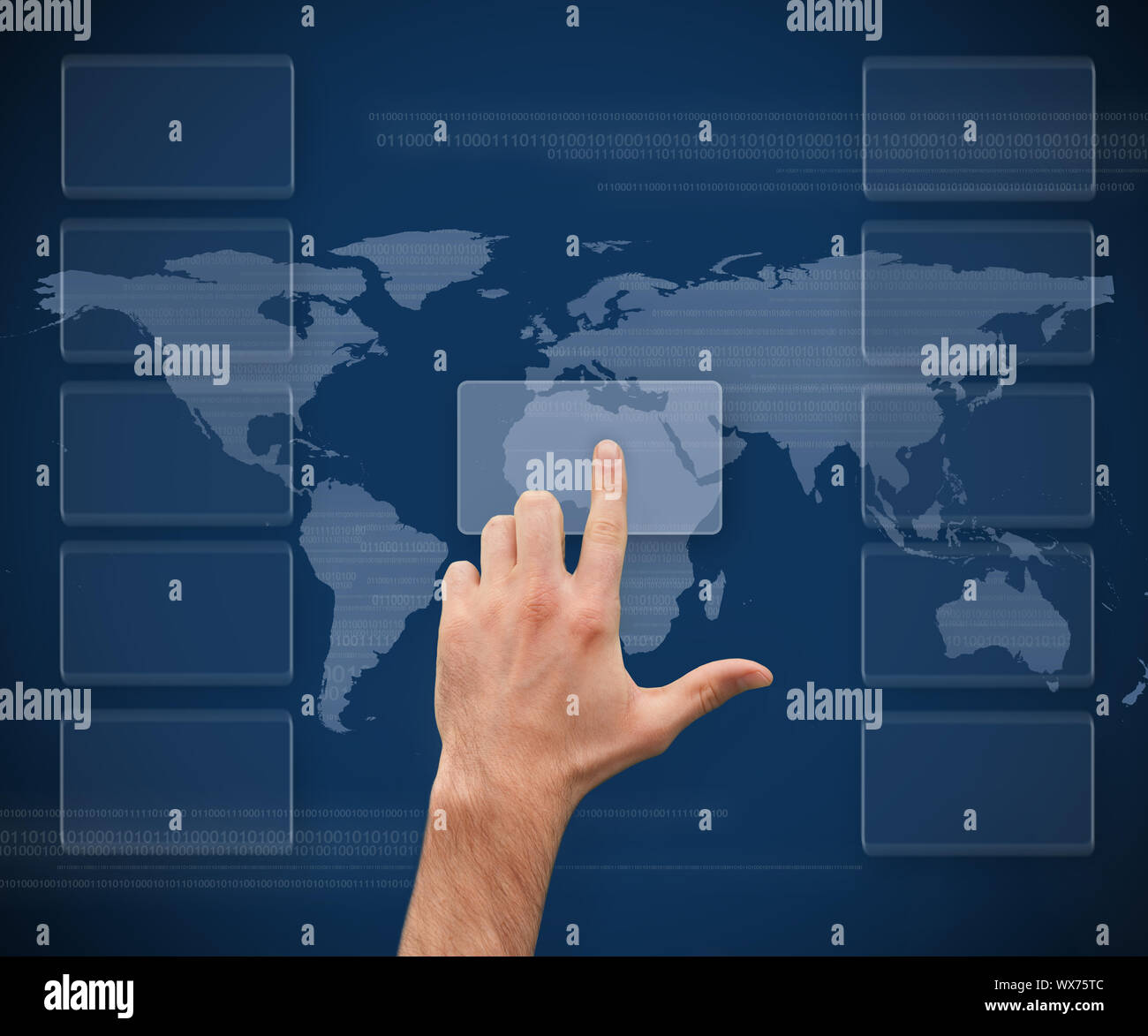 Finger pointing at box on digital menu on world map background Stock ...