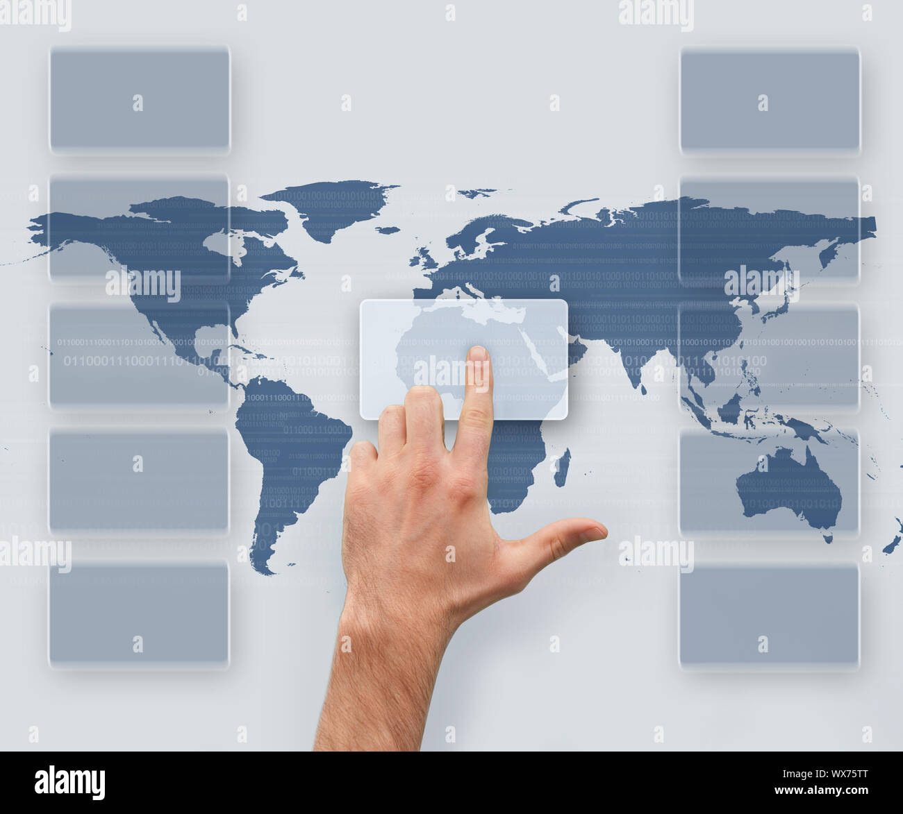 Hand selecting box on digital menu on world map background Stock Photo ...