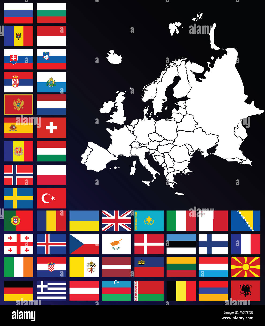 Editable map of Europe with flags Stock Photo - Alamy