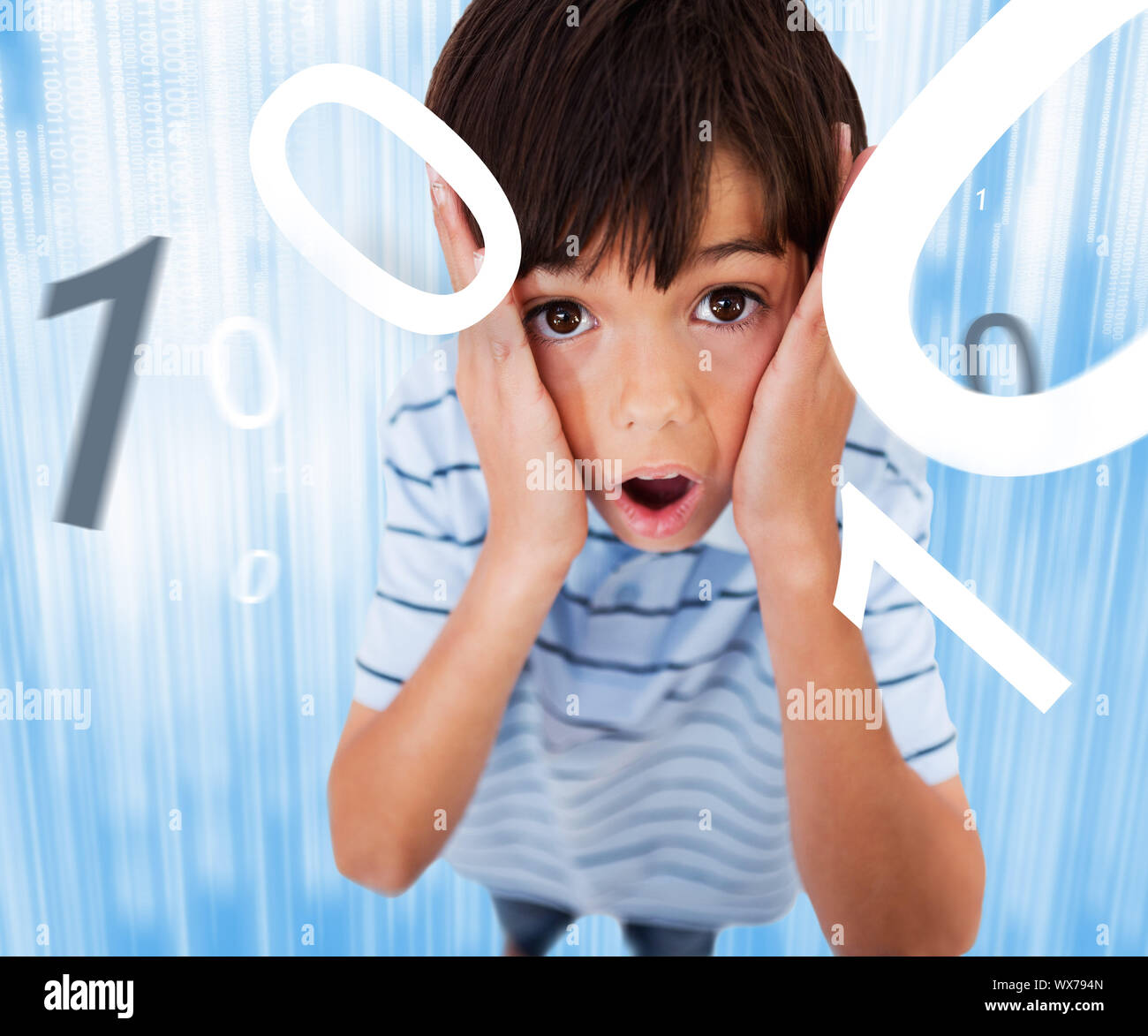 Little Boy standing while looking scared on digital background with ...