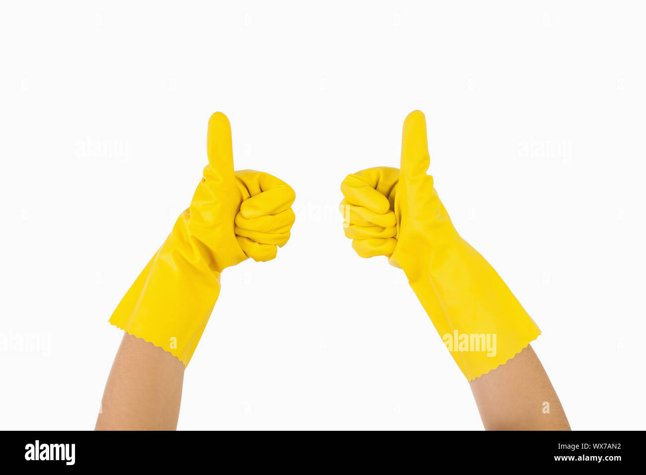 Female hands in rubber gloves showing thumbs up Stock Photo - Alamy