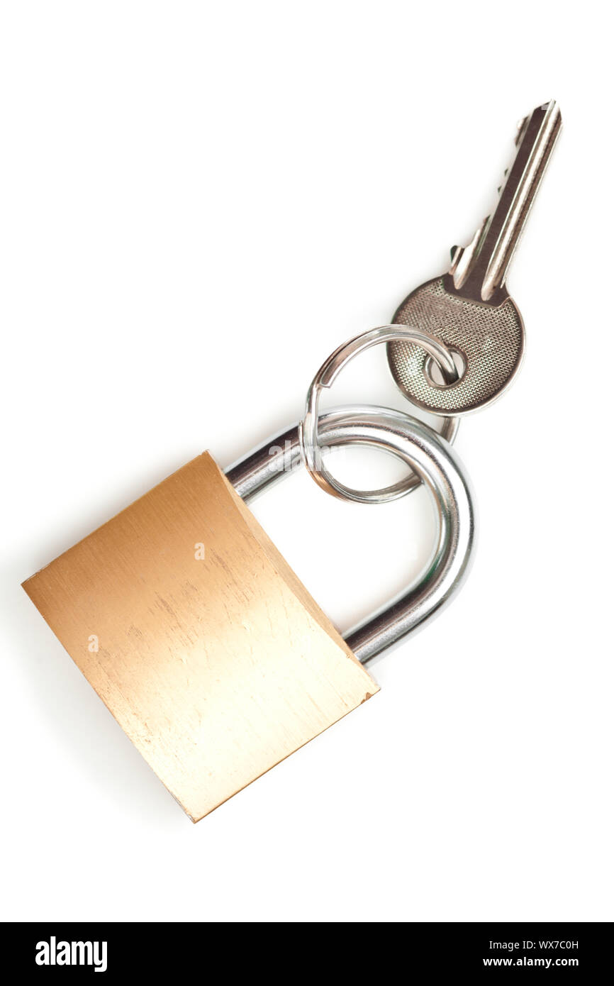 Key at lock against white background Stock Photo - Alamy