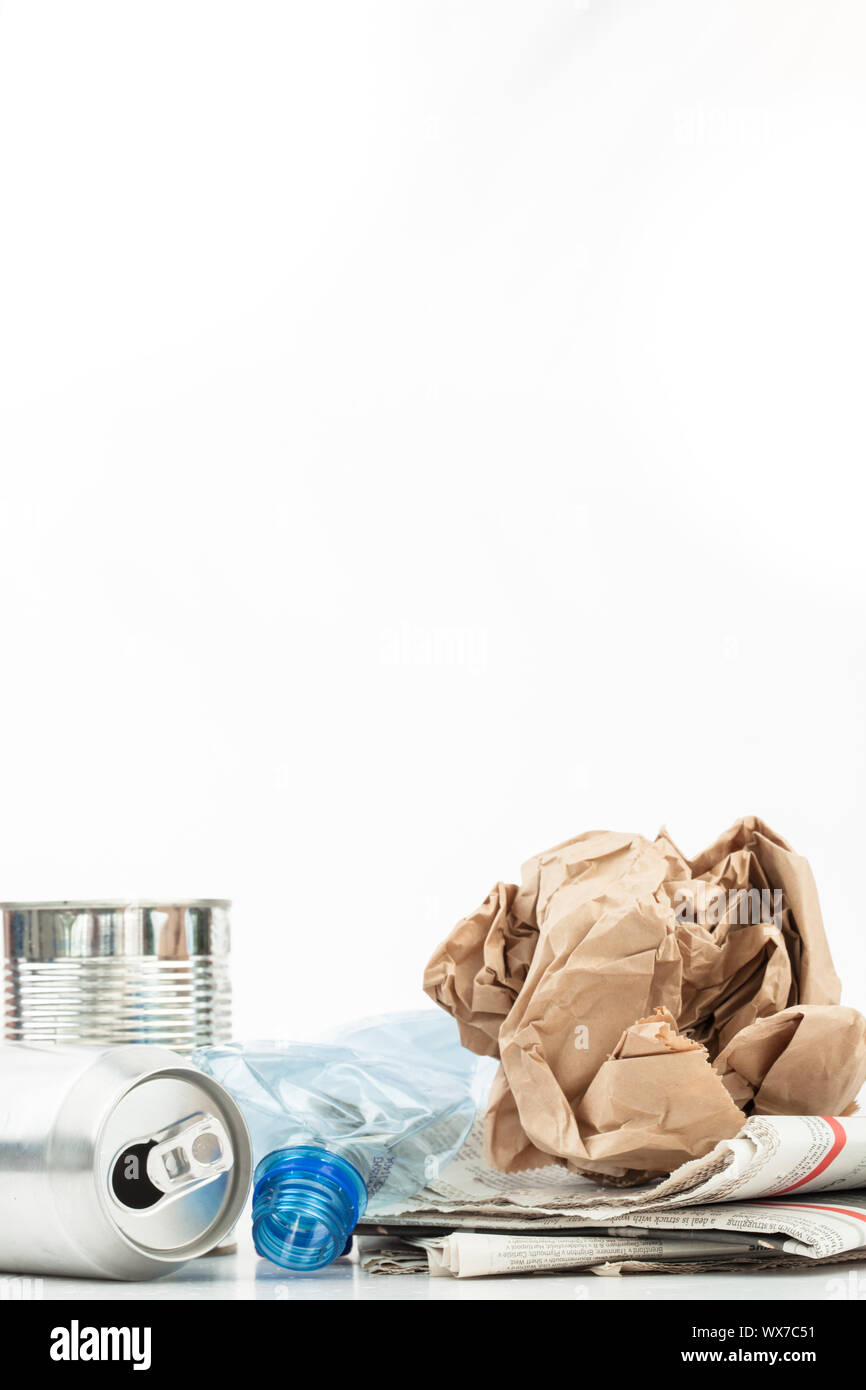Various recyclable waste on white background Stock Photo - Alamy