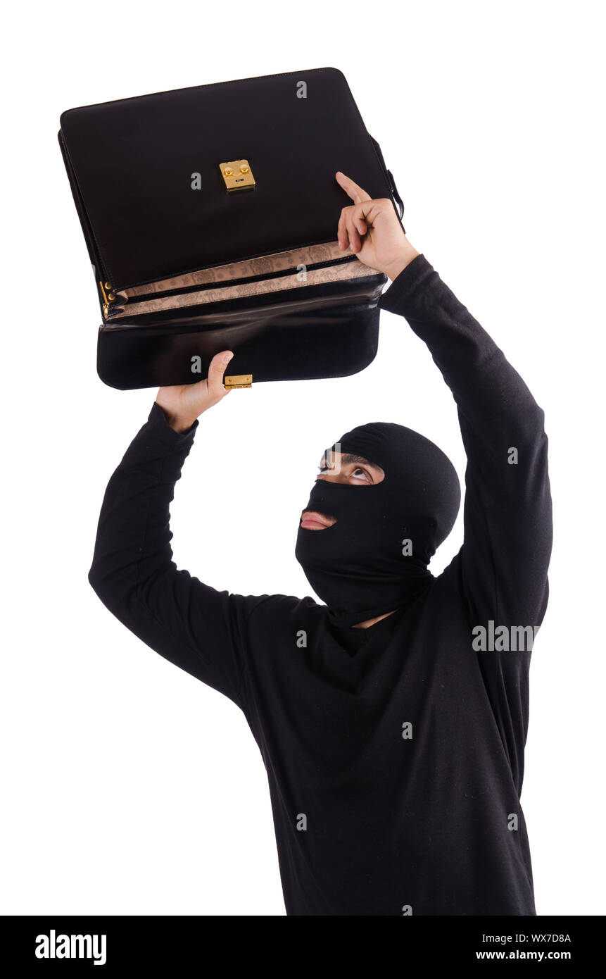 Male thief with suitcase isolated on white Stock Photo - Alamy