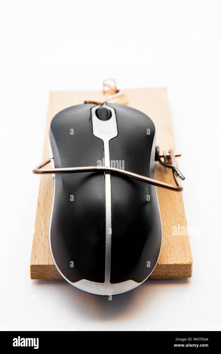 Computer mouse in a mousetrap against white background Stock Photo - Alamy