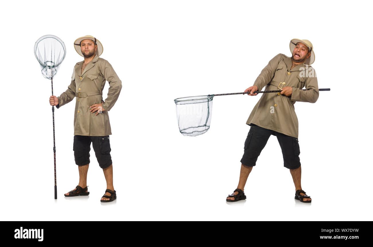 Man hunting for butterflies isolated on white Stock Photo - Alamy