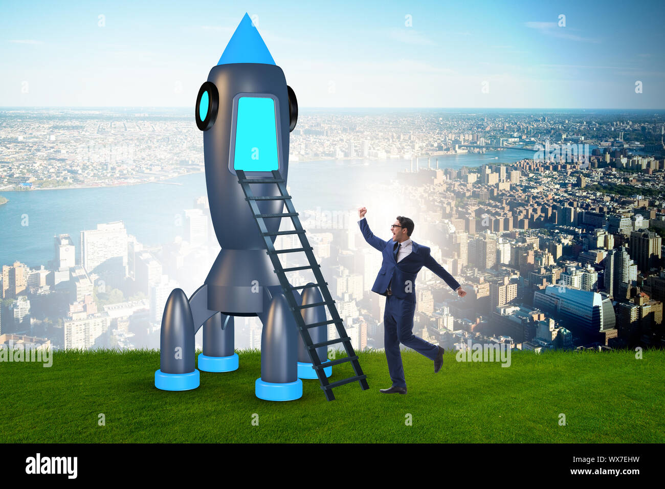 Young businessman boarding space rocket in start-up concept Stock Photo ...