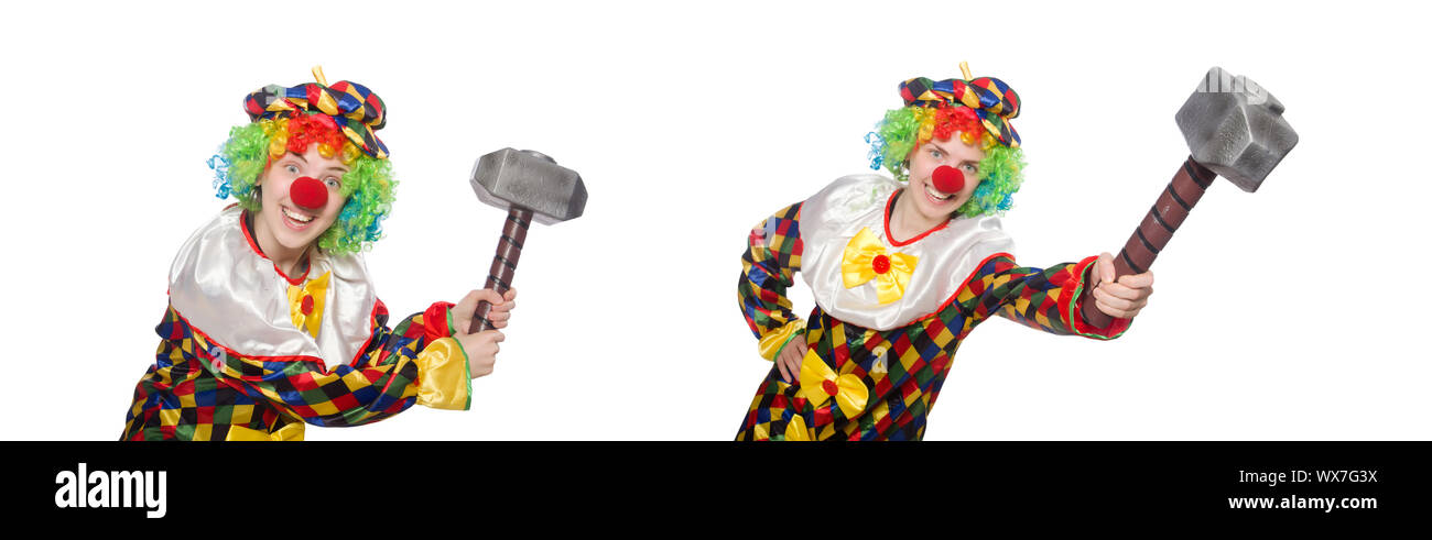 Clown with hammer isolated on white Stock Photo - Alamy