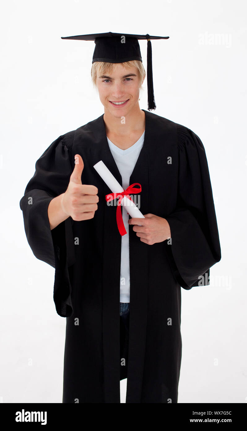 Happy Teen Guy Celebrating Graduation agaisnt white background Stock ...
