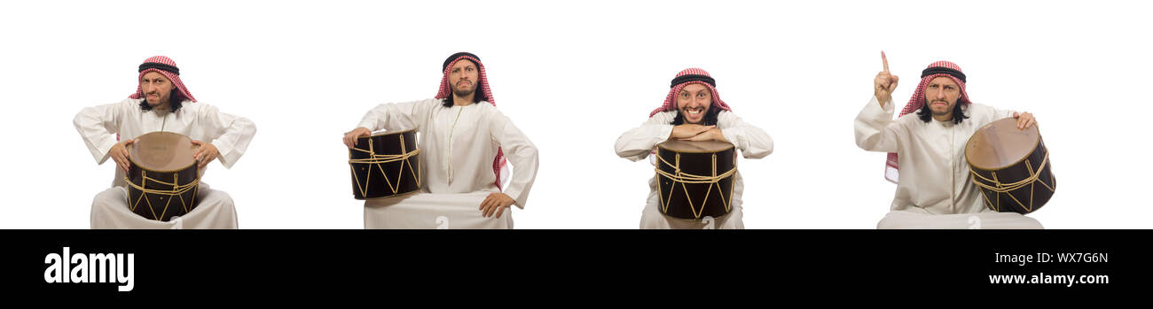 Arab man playing drum isolated on white Stock Photo - Alamy