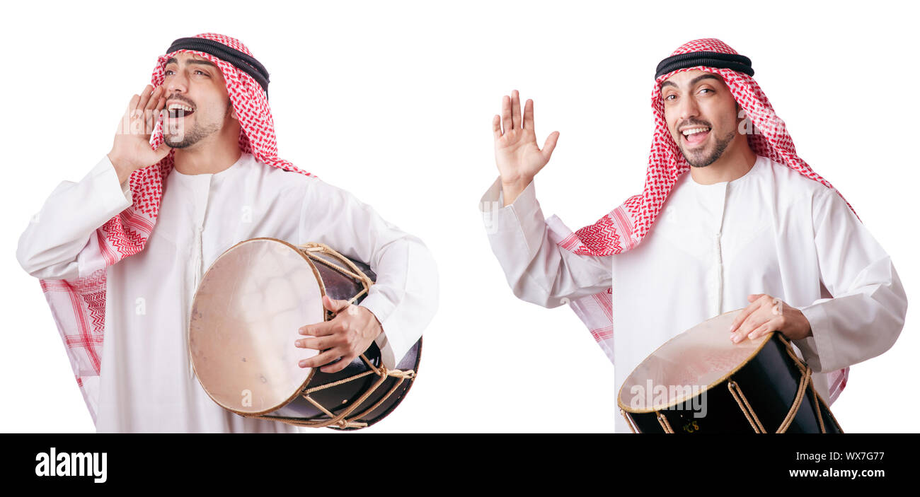 Arab man with drum isolated on white Stock Photo - Alamy