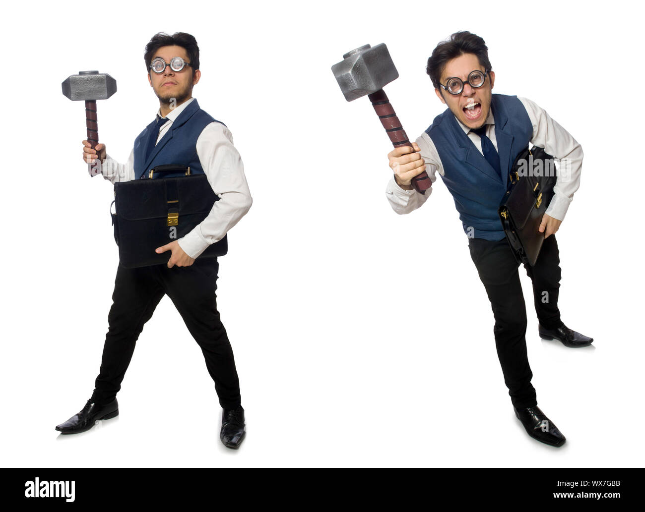 Young man holding hammer isolated on white Stock Photo - Alamy