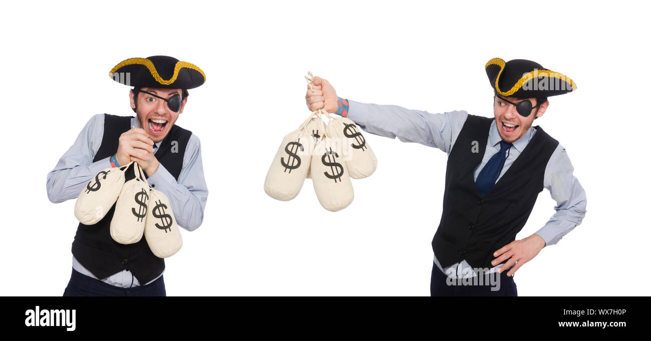 One-eyed man with moneybags isolated on white Stock Photo - Alamy