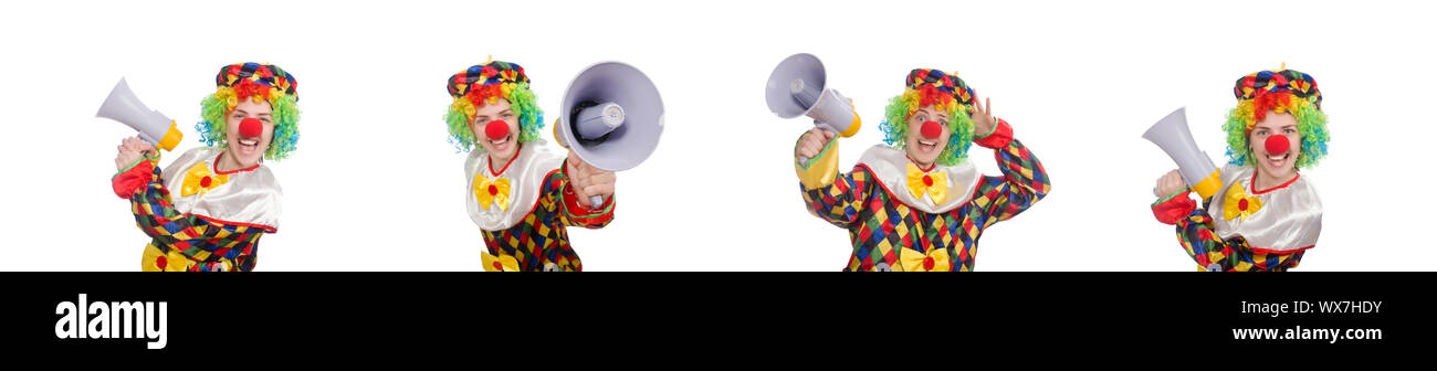 Clown with loudspeaker isolated on white Stock Photo - Alamy