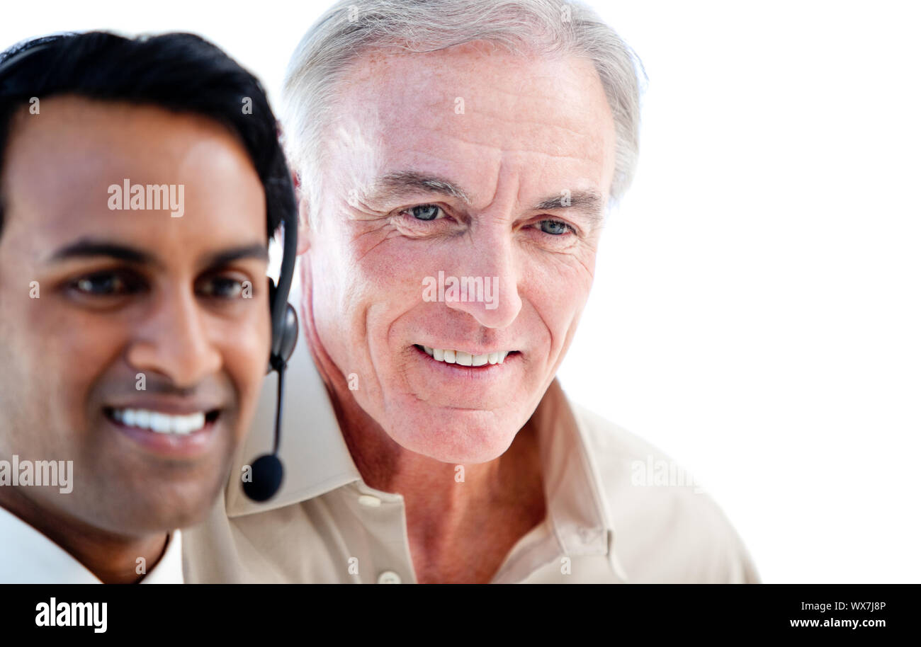 Smiling sales representative man with the boss against white background ...