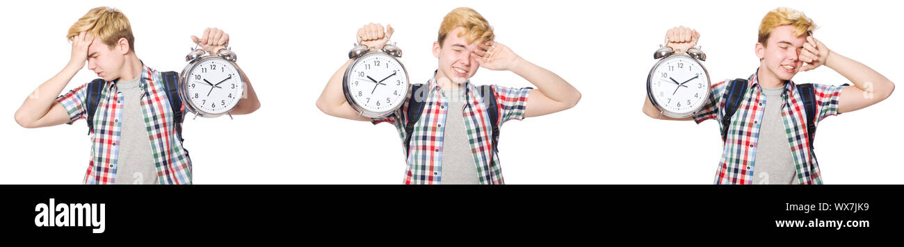 Young boy with alarm-clock in time management concept Stock Photo - Alamy