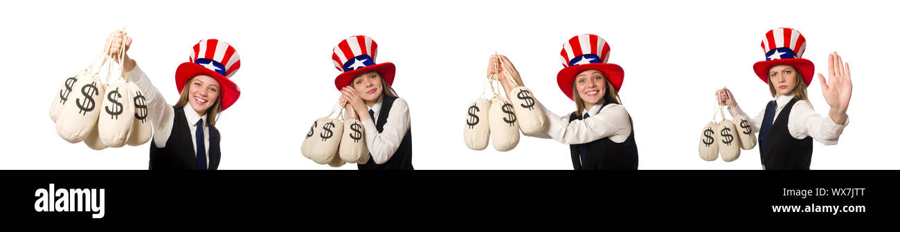 Woman with money sacks isolated on white Stock Photo - Alamy