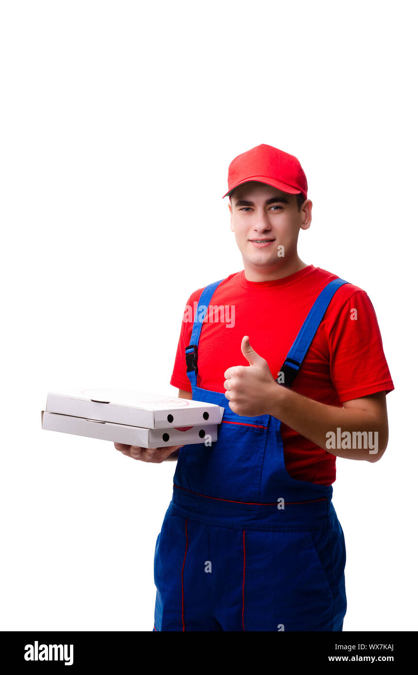 Pizza delivery worker isolated on white Stock Photo - Alamy
