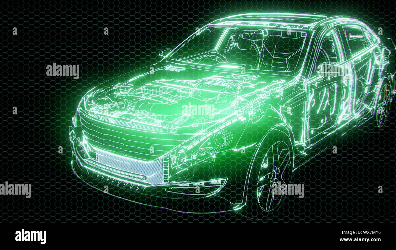 Holographic animation of 3D wireframe car model with engine Stock Photo ...