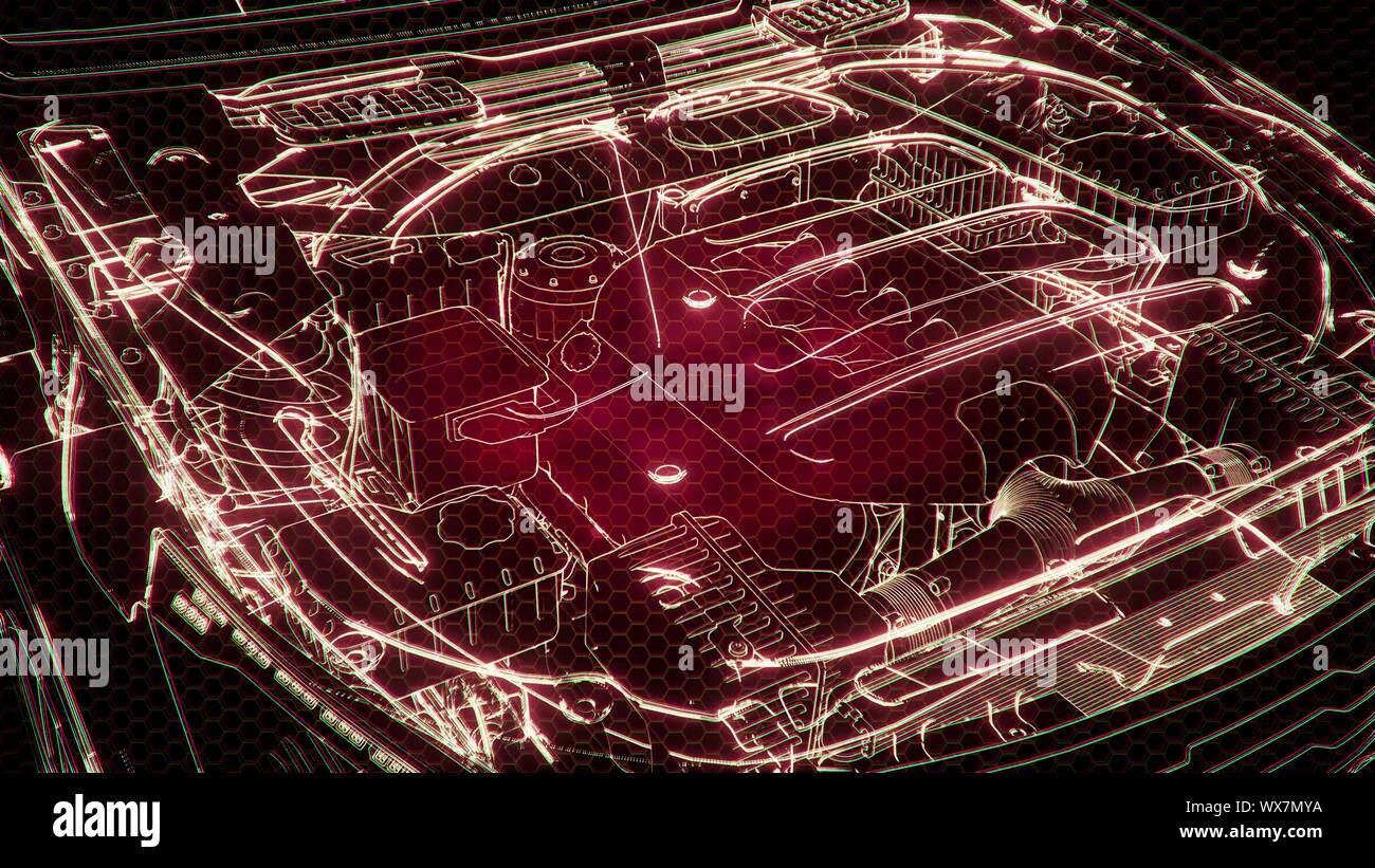 Holographic animation of 3D wireframe car model with engine Stock Photo ...