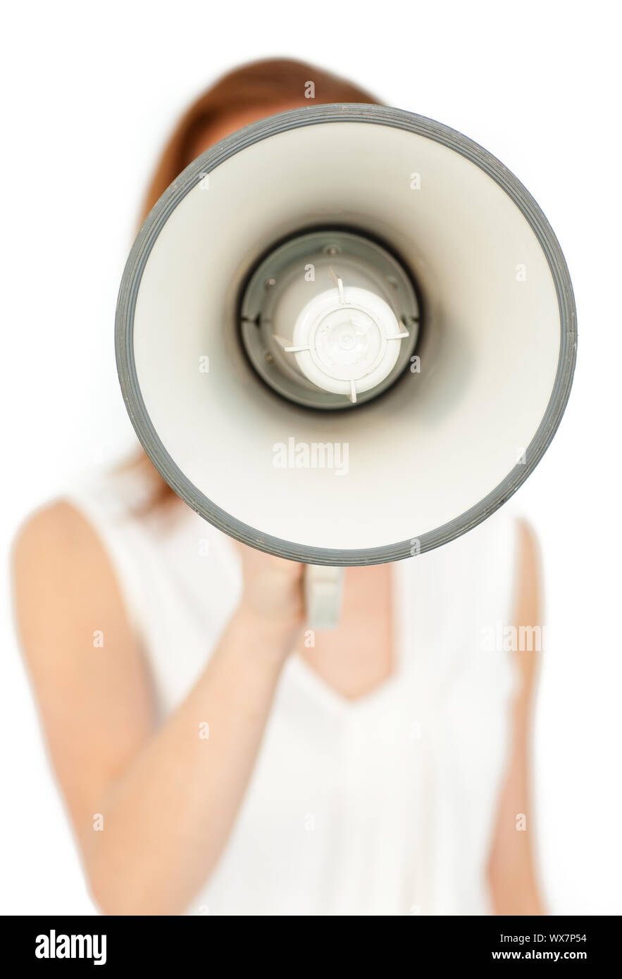 Focus on a megaphone against a white background Stock Photo - Alamy