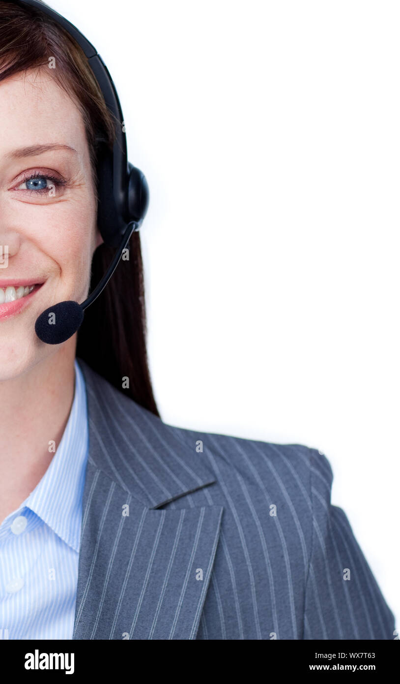 Beautiful customer service agent with headset on isolated on a whit ...