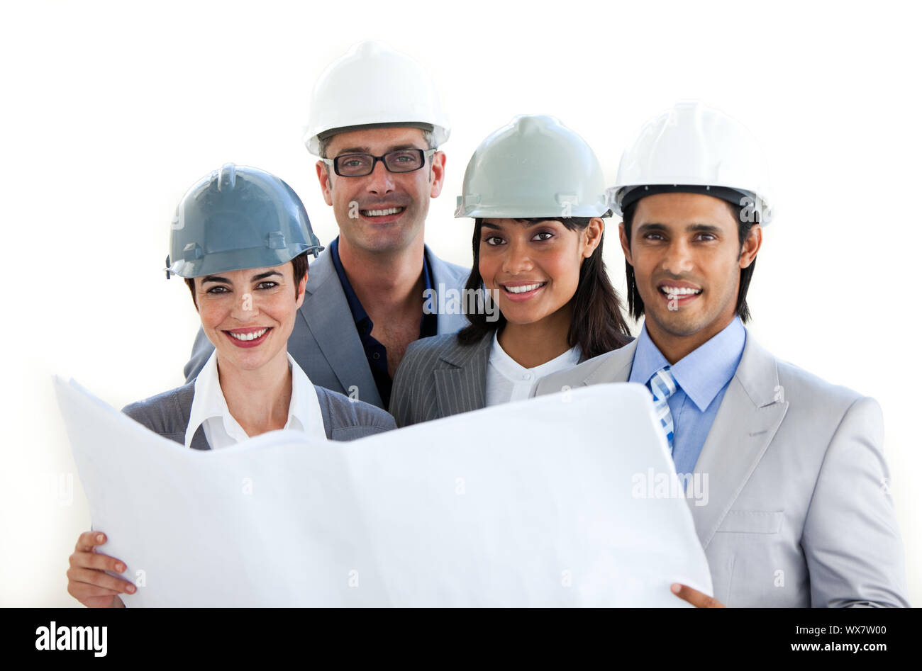 A group of architects showing diversity against a white background ...