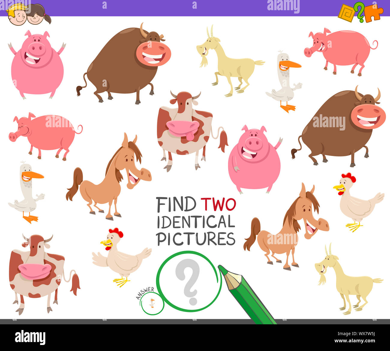 find two identical farm animals game for children Stock Photo - Alamy