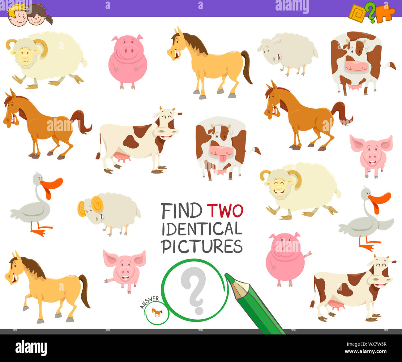 find two identical farm animals game for kids Stock Photo - Alamy