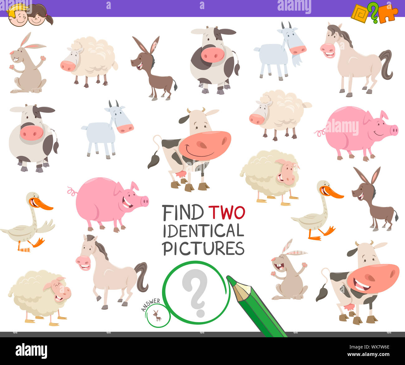 find two identical farm animals task for kids Stock Photo - Alamy