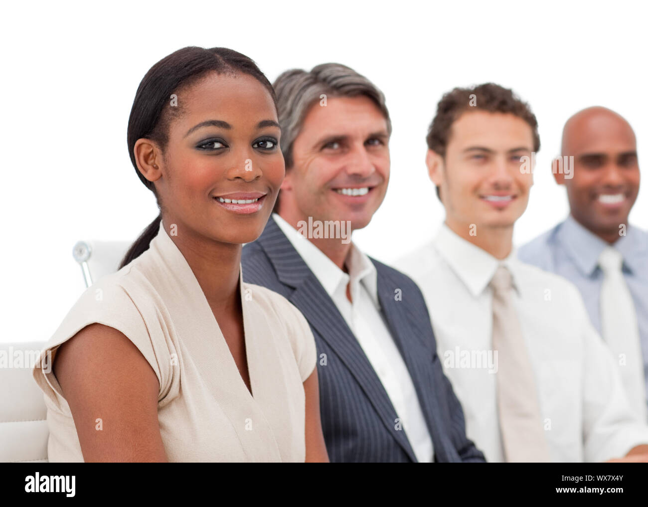 Happy Multi-ethnic business group at a presentation in the office Stock Photo - Alamy