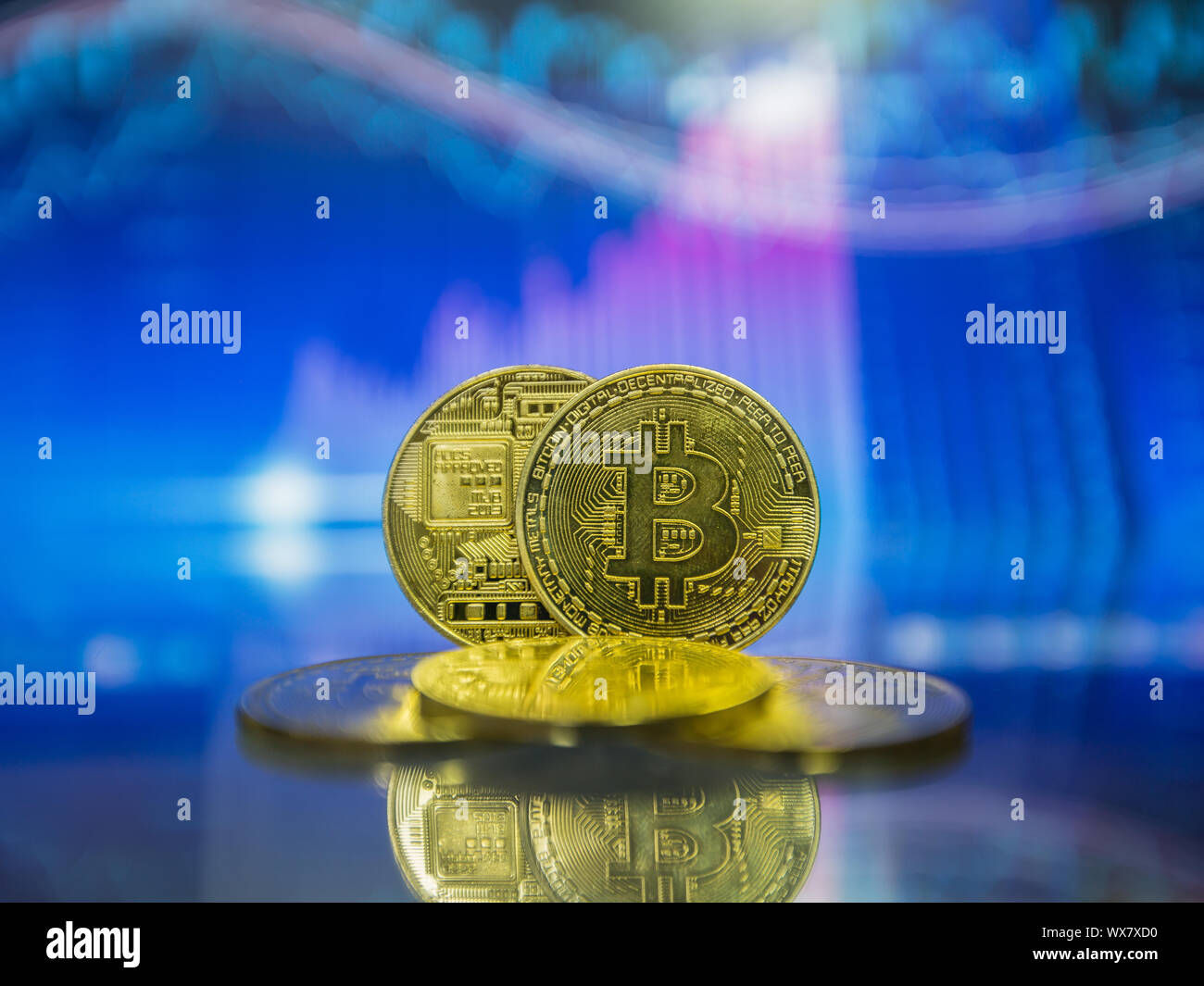 Gold bitcoins with digital background.Golden coin with icon letter B ...