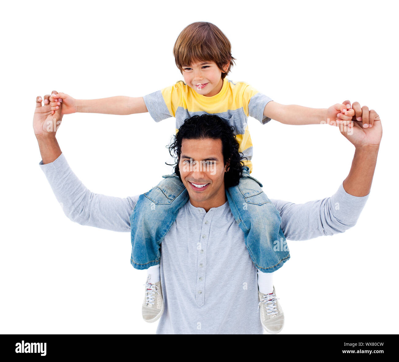 Happy father having fun with his son against a white background Stock ...