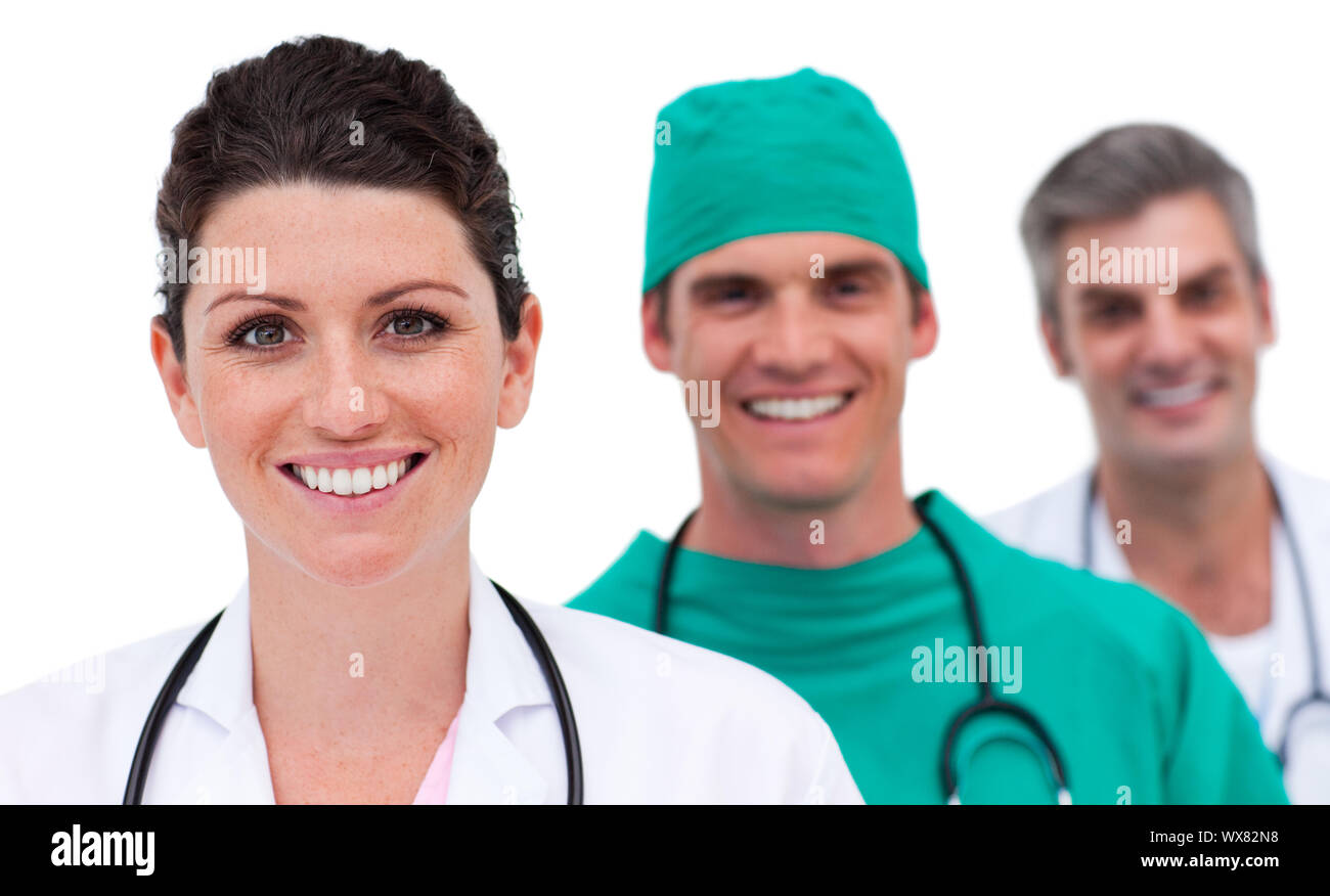 Portrait of a bright medical team against a white background Stock ...