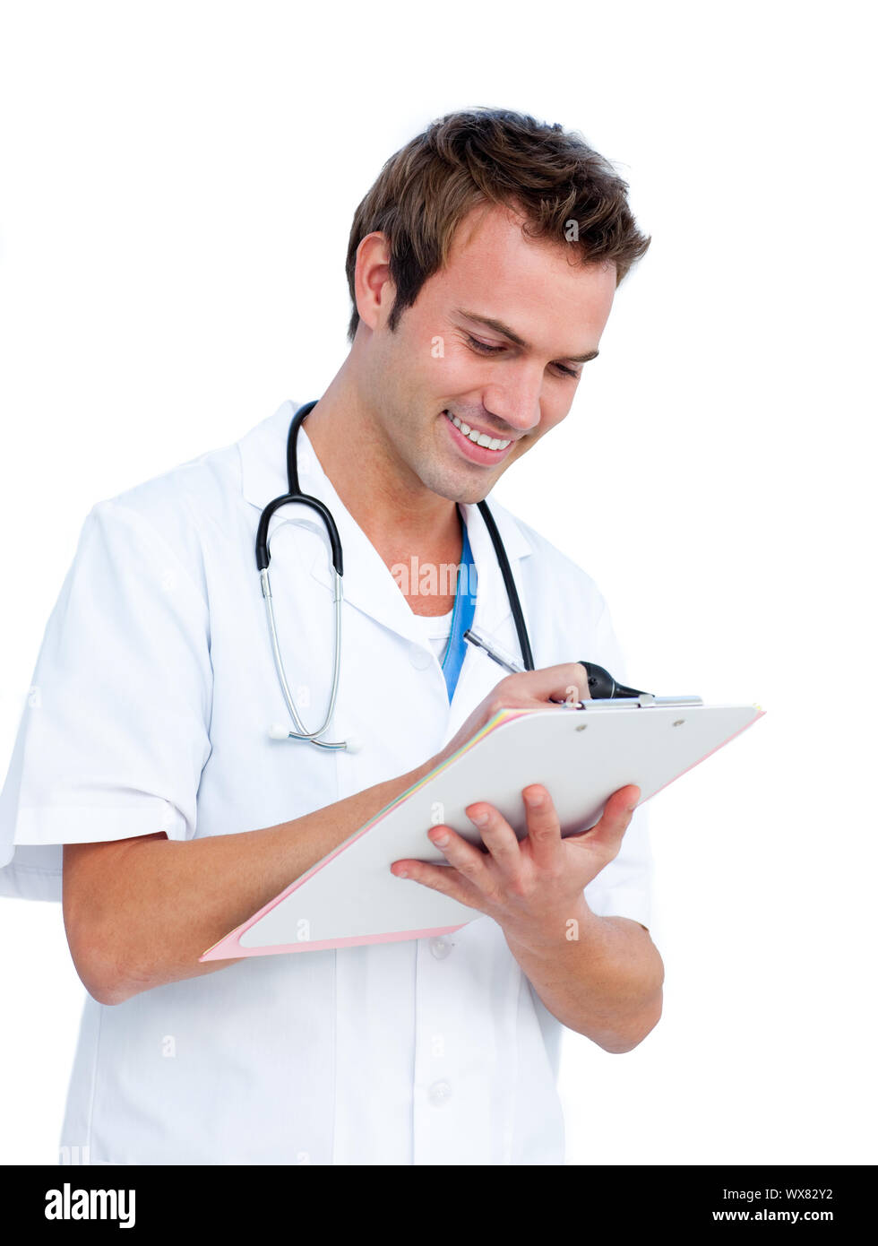 Portrait an assertive male doctor writing notes against a white ...