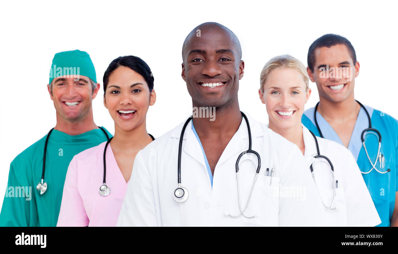 Portrait of positive medical team against a white background Stock ...