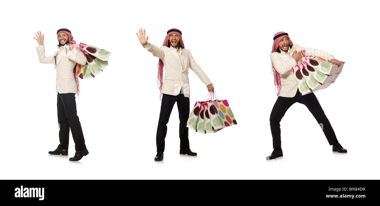 Arab man with shopping bags on white Stock Photo - Alamy
