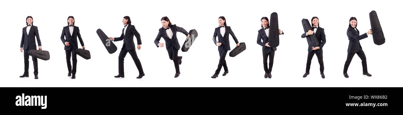 Man with violin case isolated on white Stock Photo - Alamy