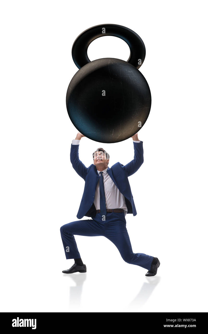 Businessman under heavy burden on white background Stock Photo - Alamy