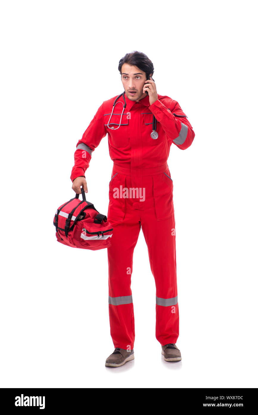 Young paramedic in red uniform isolated on white Stock Photo - Alamy