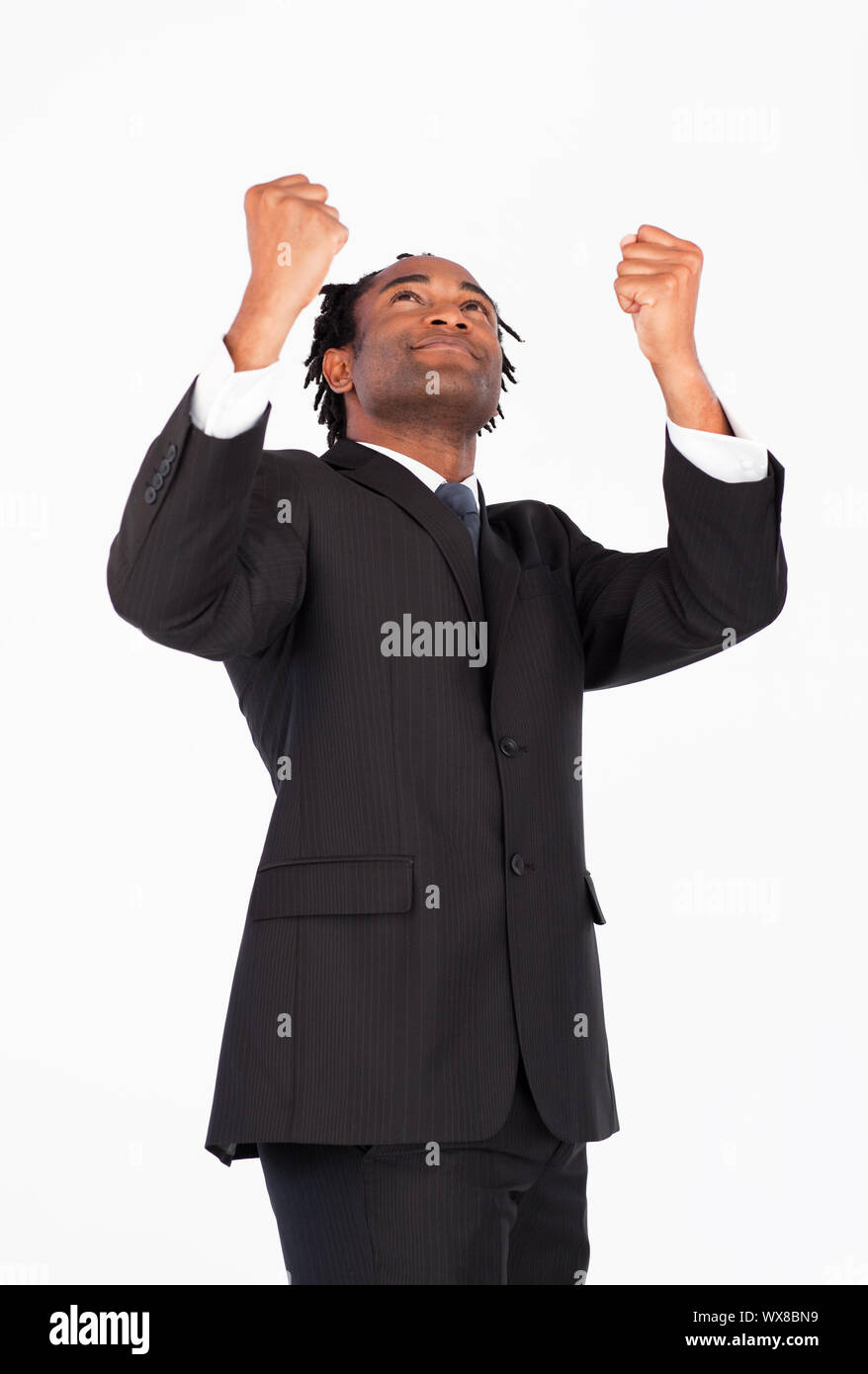 Excited african american businessman raised arms hi-res stock ...