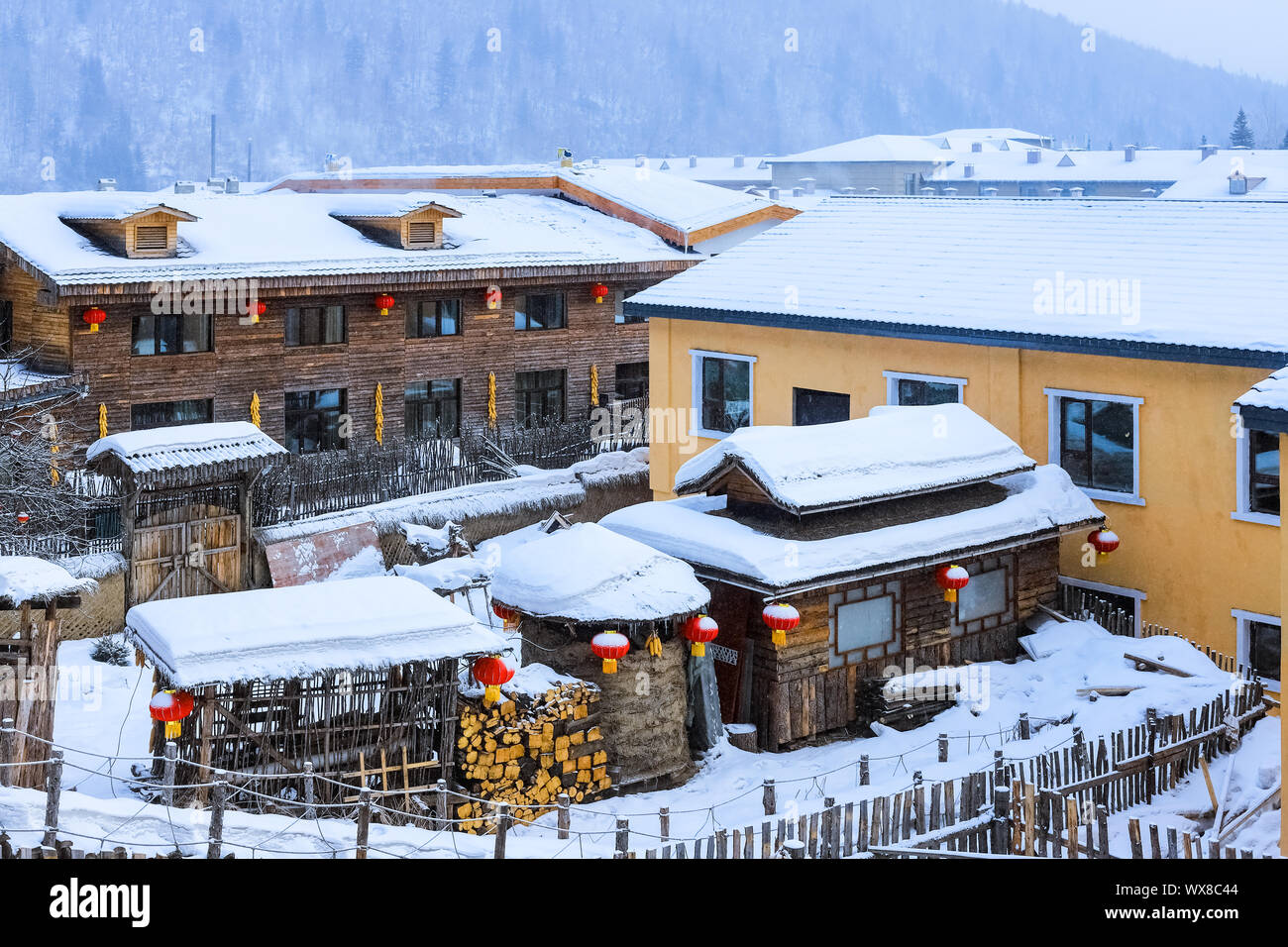 scenery of snow village Stock Photo - Alamy