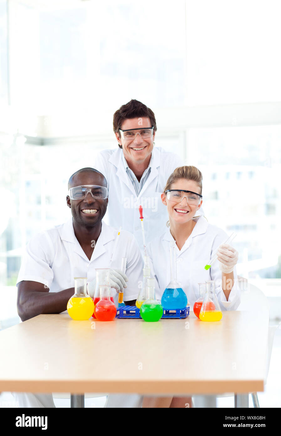 Attractive Science students examining test-tubes in university Stock ...