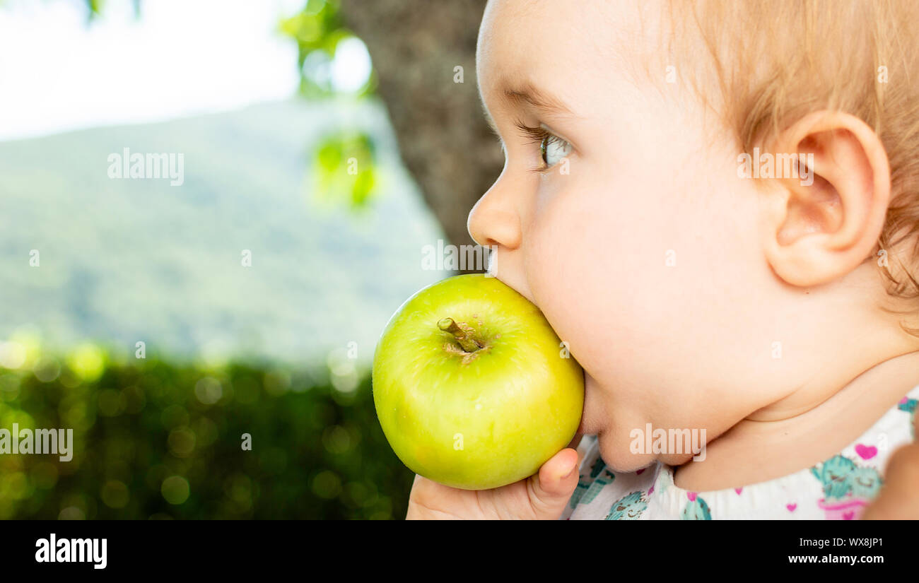 Little baby eating apple, closeup portrait, concept of health care ...
