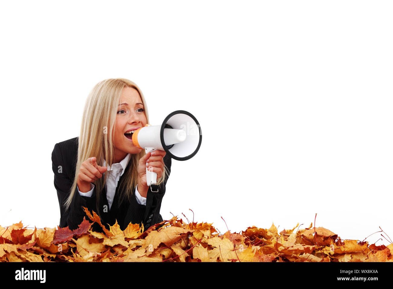 autumn businesswoman with megaphone studio isolated in studio Stock ...
