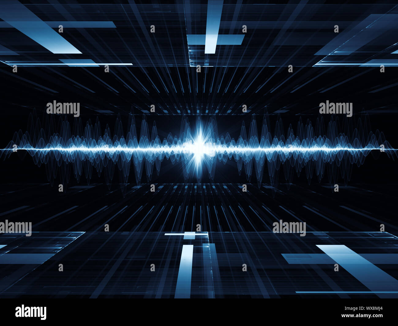 Design composed of perspective fractal grids, lights, mathematical wave ...